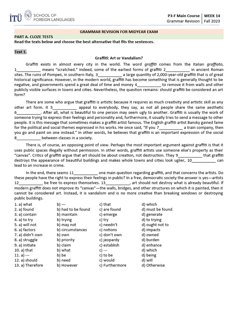 P3-F Grammar Revision For Midyear | PDF | Sleep | Graffiti