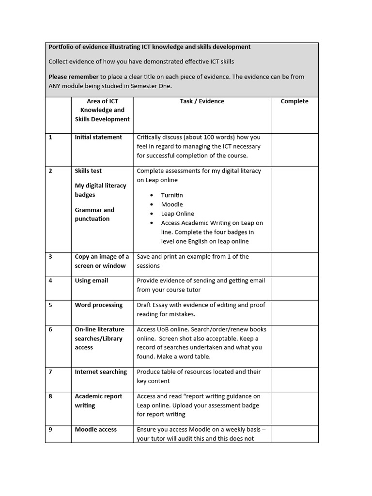 Portfolio of Evidence Illustrating ICT Knowledge and Skills Development ...