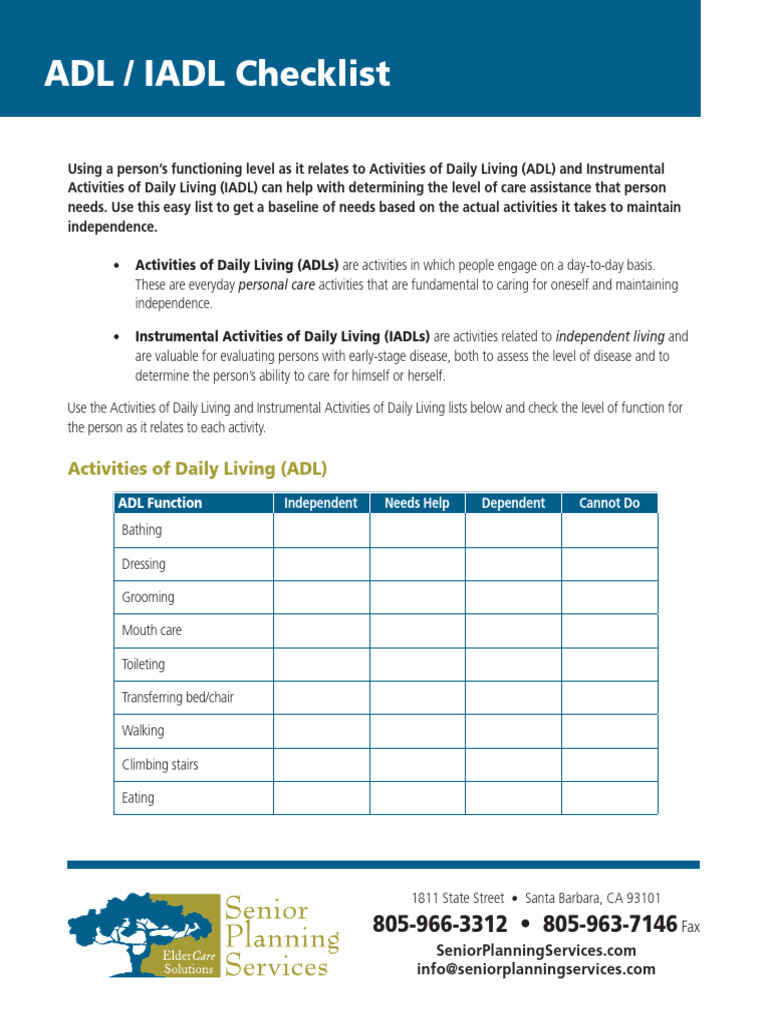 ADL/IADL Checklist for Care Assessment | PDF | Social Programs | Public ...