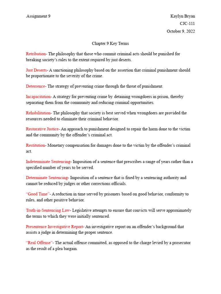 CJC111 Chapter 9 Key Terms | PDF | Sentence (Law) | Punishments