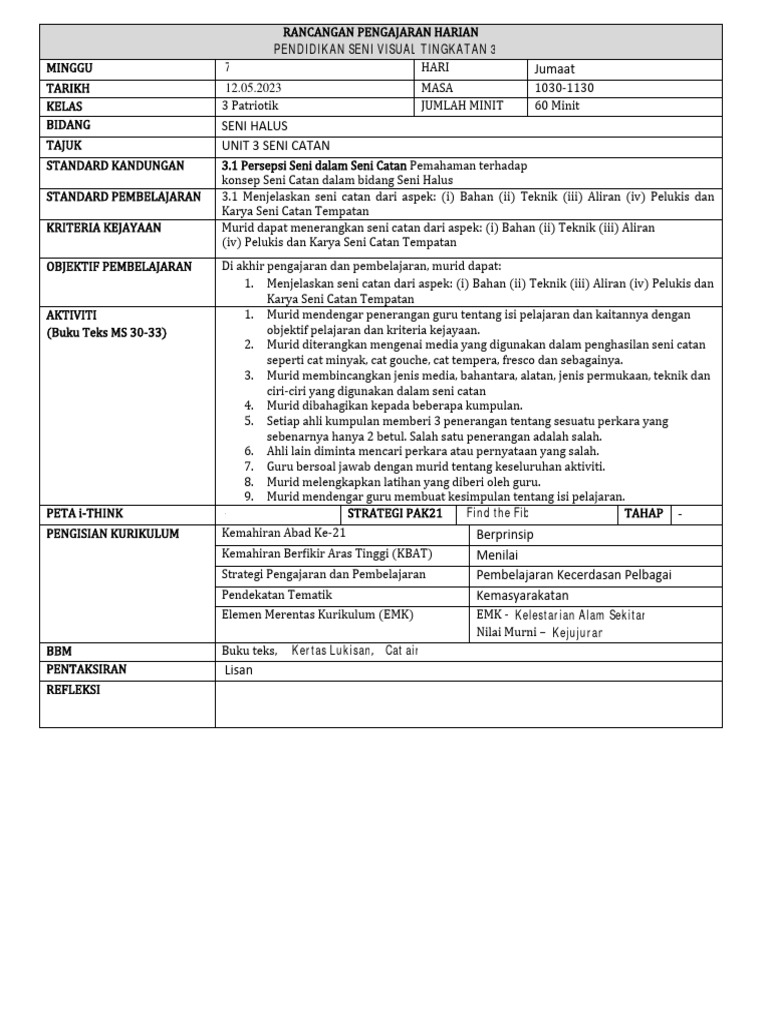 RPH Seni Catan: Eksplorasi & Ekspresi | PDF