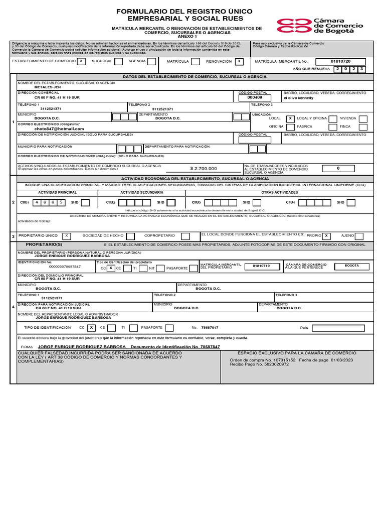 04 Formularios - FORMULARIOS Tramite Matricula 01810720 Año 2023 - 3 - 1 - 2023 | PDF