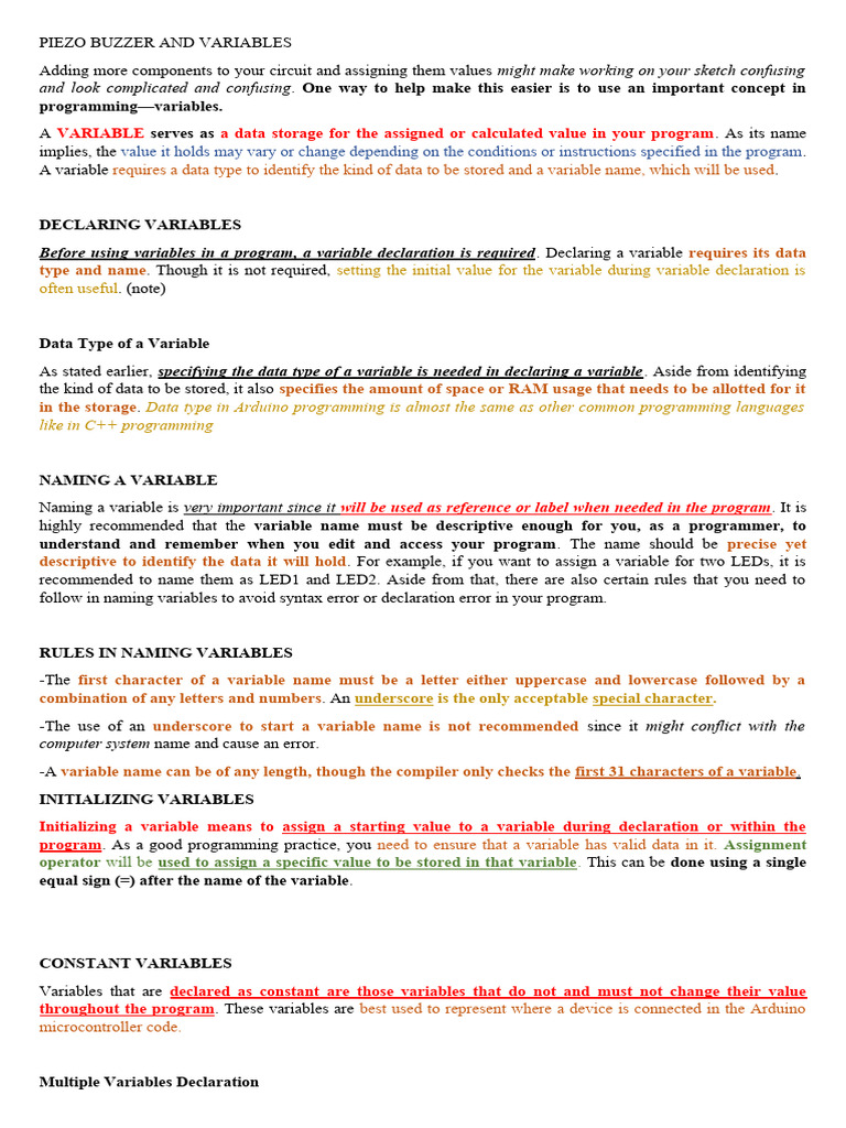 PIEZO BUZZER AND VARIABLES | PDF | Variable (Computer Science) | Programming