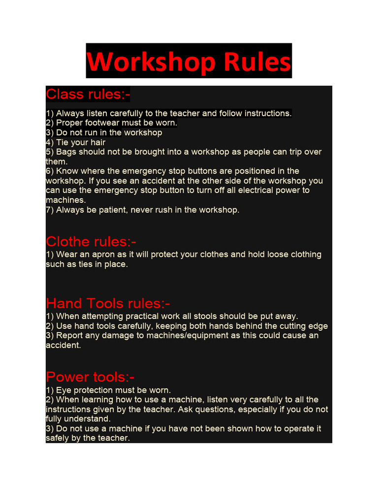 Workshop Rules | PDF | Home & Garden | Technology & Engineering