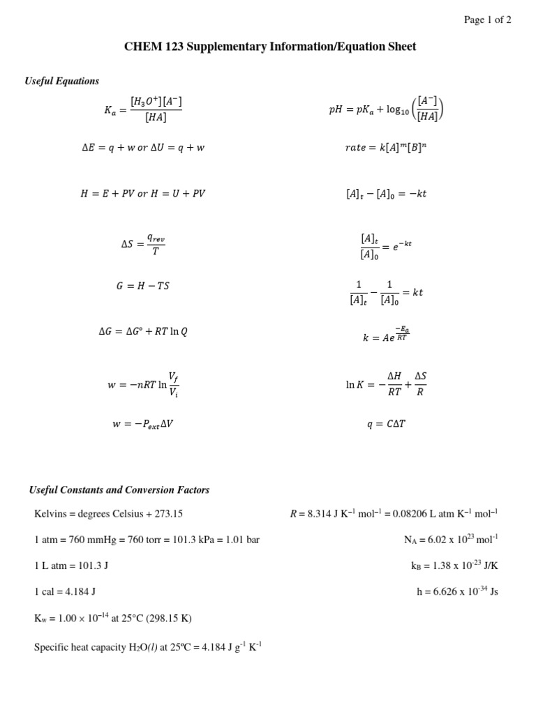 CHEM 123 Formula Sheet | PDF