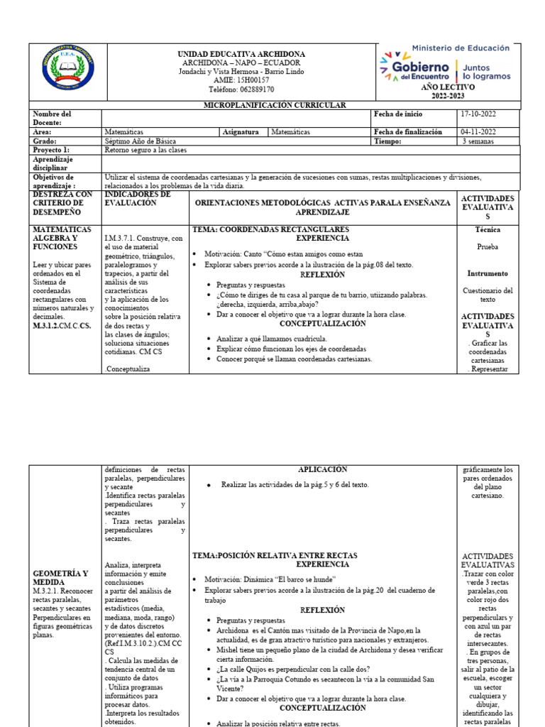 Formato Planificación Microcurricular PUD UEA 2022 Matematica | PDF Formato Planificación Microcurricular PUD UEA 2022 Matematica | PDF