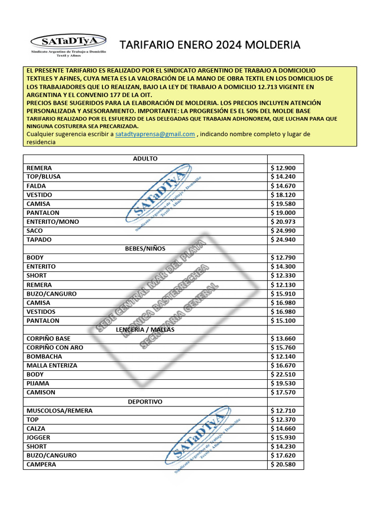 Tarifario Molderia Enero 2024 | PDF | Ropa | Moda