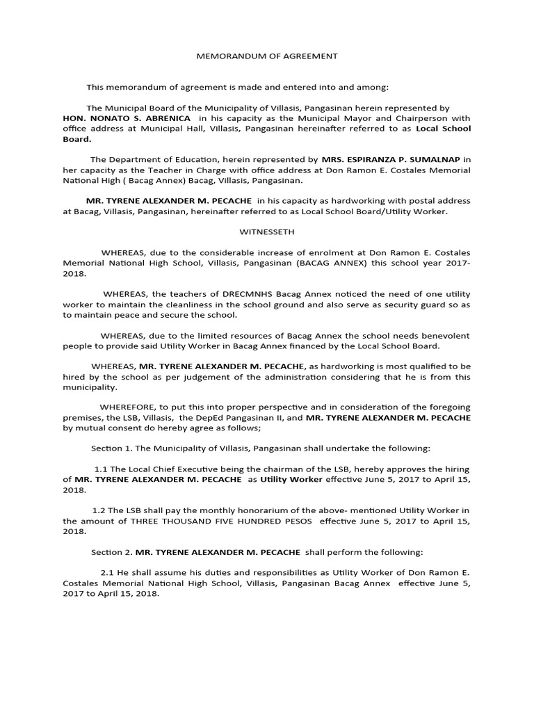 Memorandum Of Agreement Pdf
