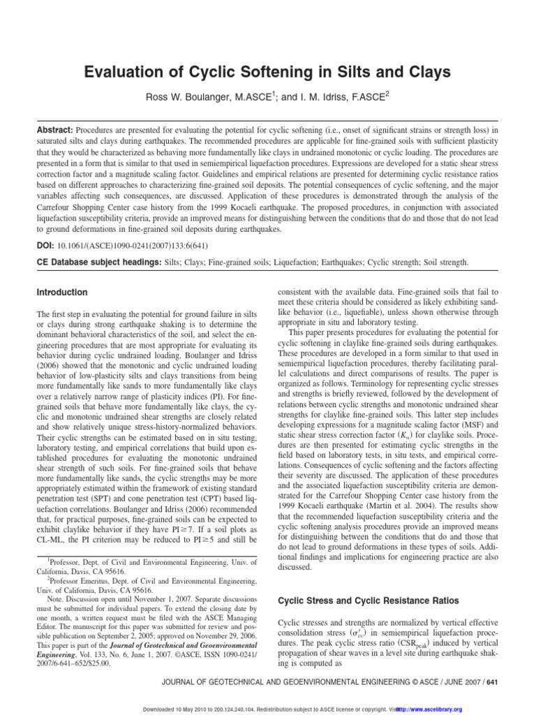 Ross W. Boulanger & I. M. Idriss - Evaluation of Cyclic Softening in Silts and Clays | PDF ...
