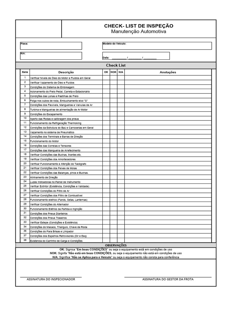 Check List de Inspeção Manutenção | Download grátis PDF | Pneu | Peças ...