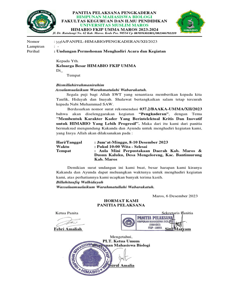 Undangan Pengkaderan HIMABIO 2023 | PDF