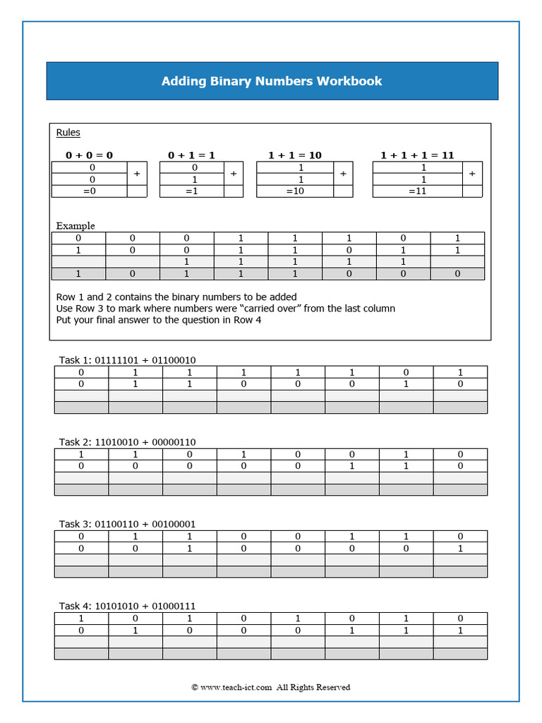 Binary Addition Workbook | PDF | Arithmetic | Mathematics