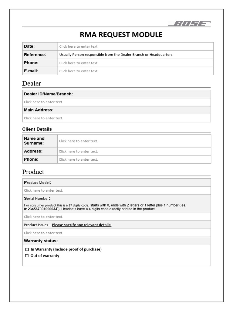 Formulario RMA Bose | PDF