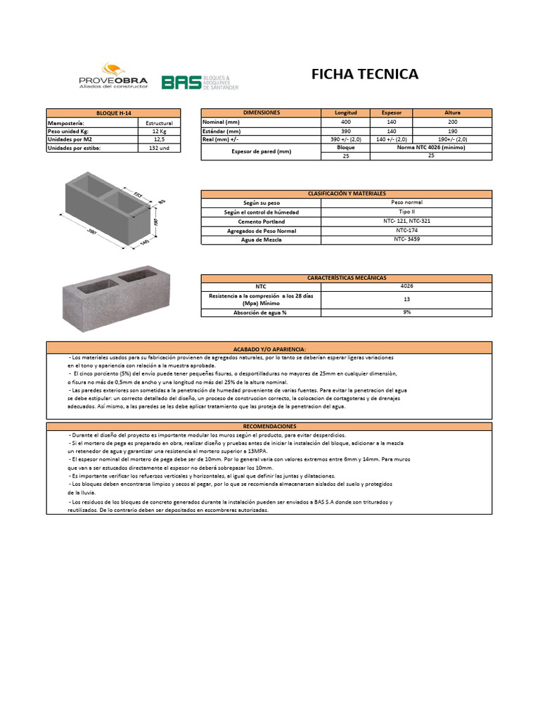 Fichas Tecnicas H14 | PDF