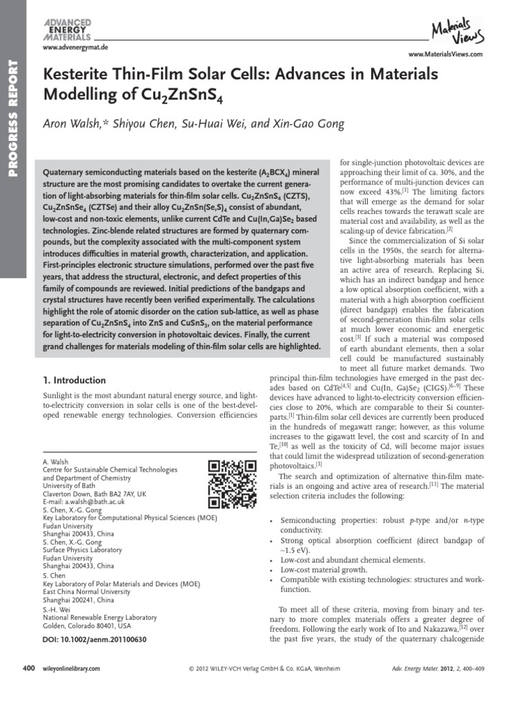 Kesterite Thin-Film Solar Cells: Advances in Materials Modelling of Cu ...