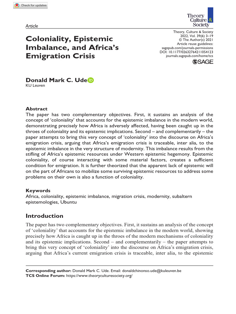 Ude 2021 Coloniality Epistemic Imbalance and Africa S Emigration Crisis | PDF | World Systems ...