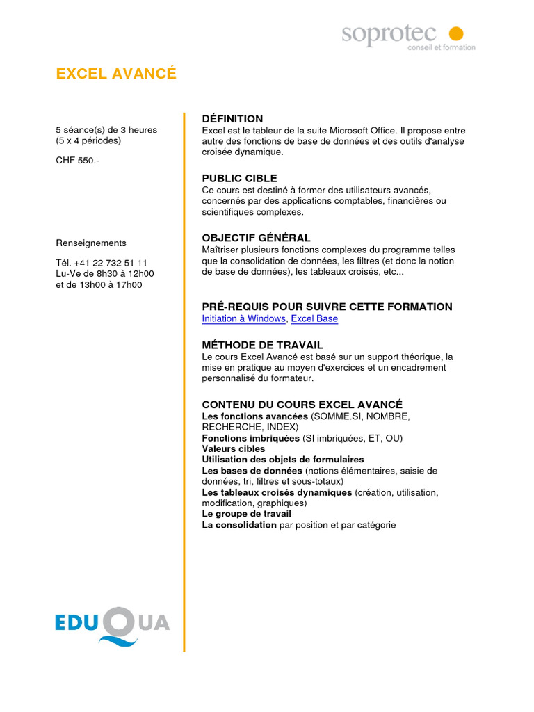 Cours Excel Avancé : Maîtrise et Pratique | PDF