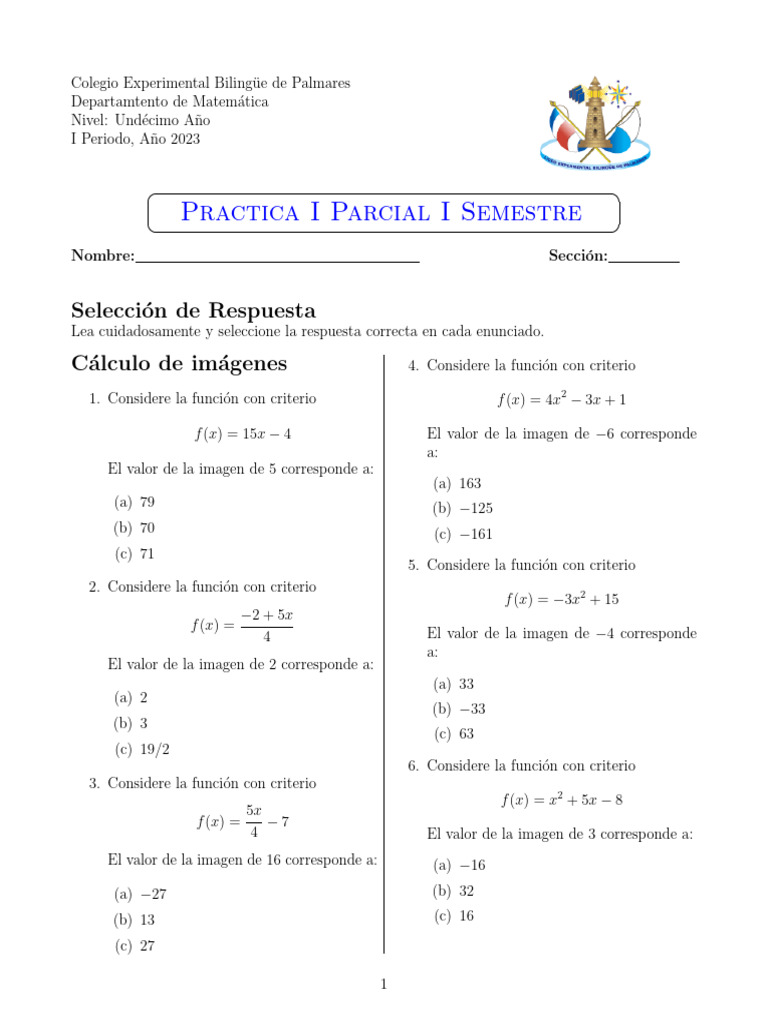 Practica I Parcial I Periodo Undecimo Matemática-1 | PDF