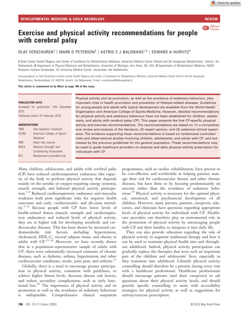 Develop Med Child Neuro - 2016 - Verschuren - Exercise and Physical Activity Recommendations For ...