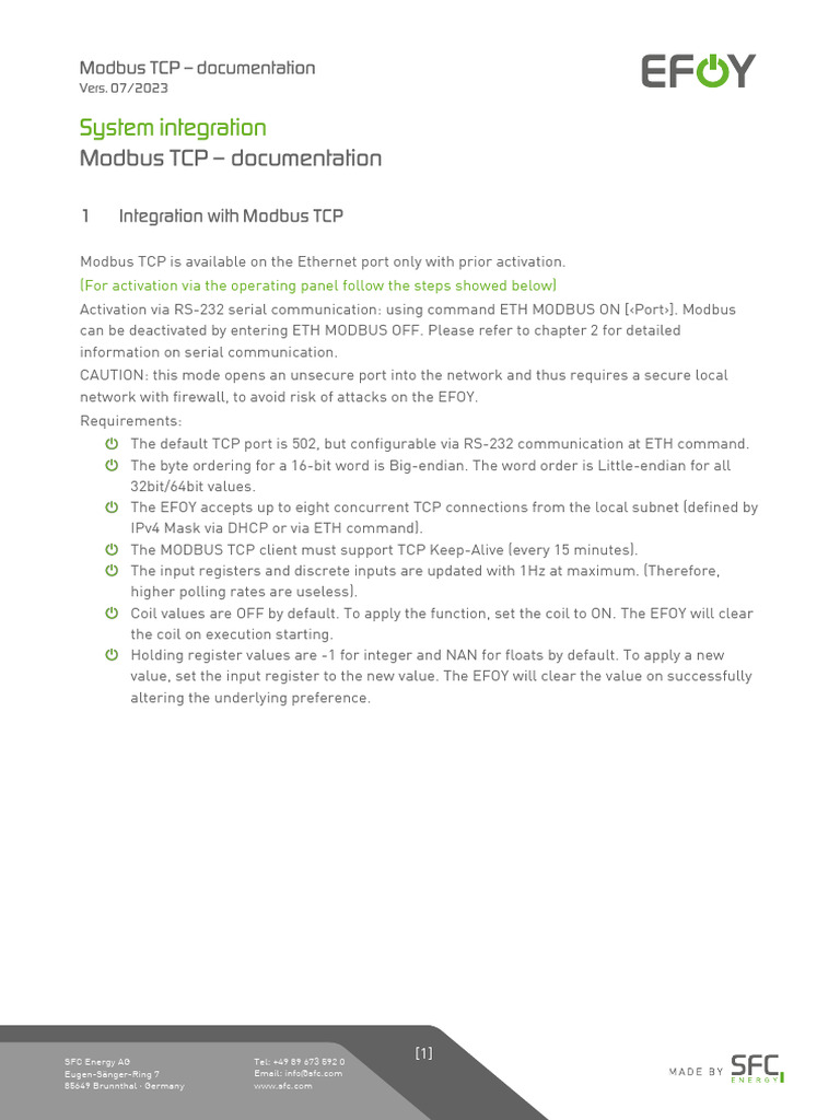 Modbus TCP Integration Guide for EFOY | PDF | Transmission Control ...
