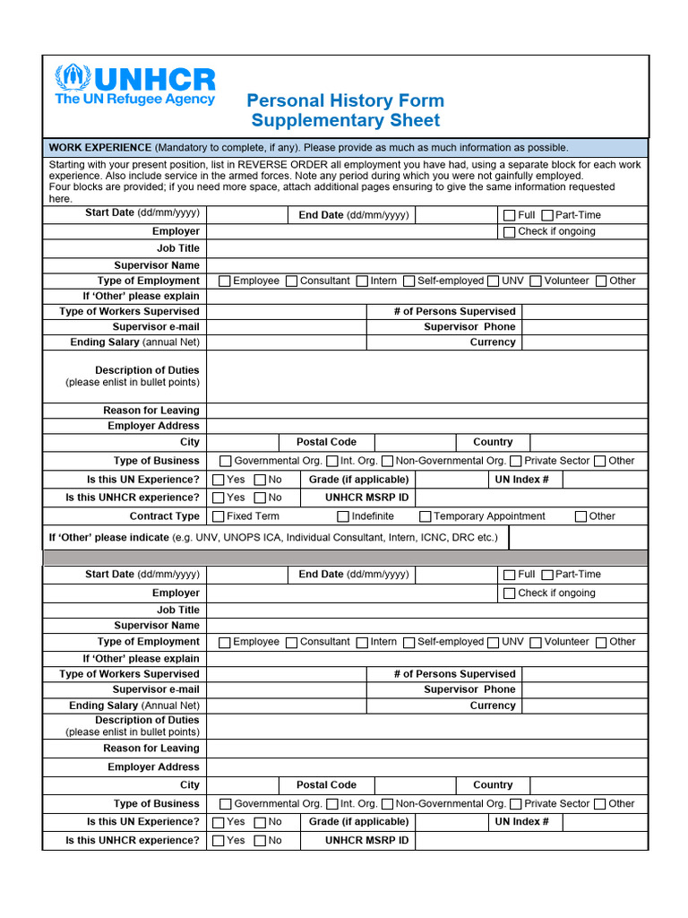 Personal History Form Supplementary Sheet | PDF