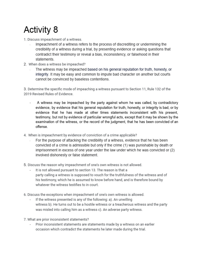 Activity 8 | PDF | Witness Impeachment | Witness