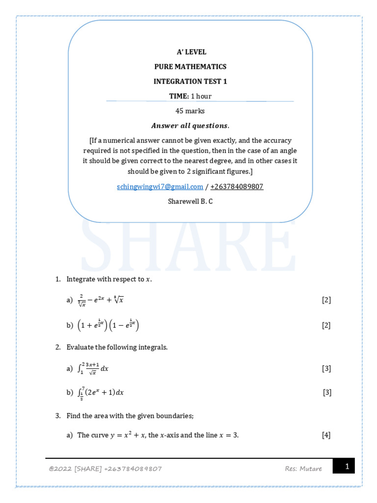 A-Level Pure Mathematics Integration Test | PDF | Equations | Integral