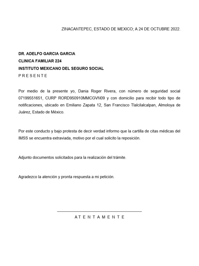 Reposicion Cartilla Imss | PDF