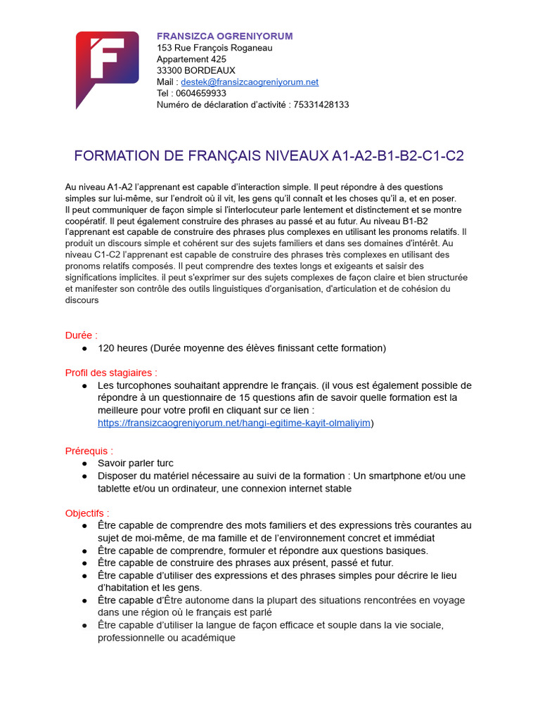 Cours de Français Niveaux A1 A2 B1 B2 C1 C2 | PDF