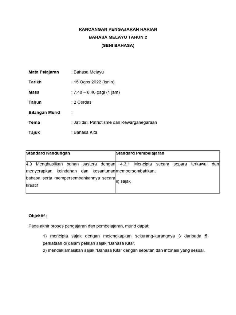 RPH BM MINGGU 2 (Isnin) | PDF