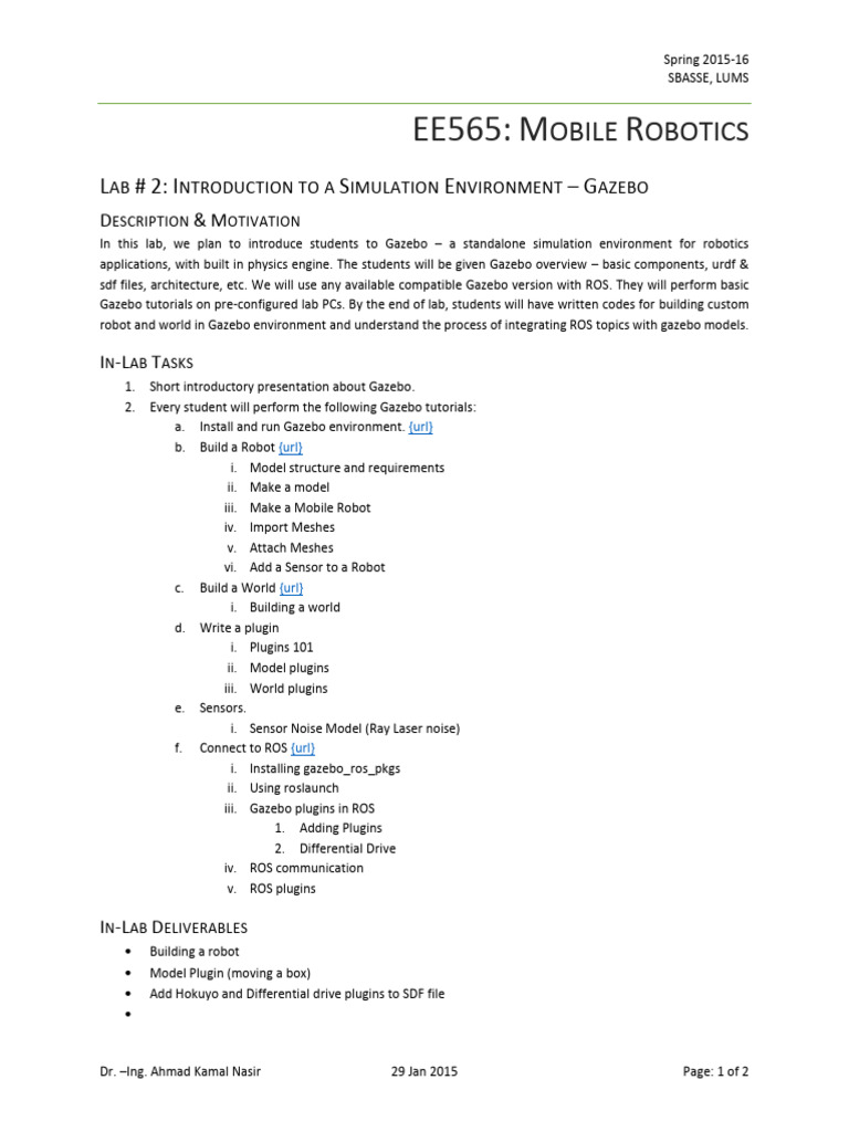 LabTask2 Introduction To SimulationEnvironment-Gazebo | PDF | Robot | Robotics