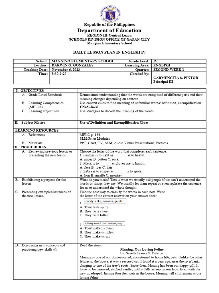 Grade 4 English Lesson Plan Q2 W1 | PDF