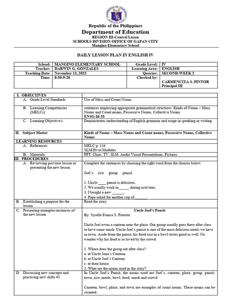 Grade 4 English: Nouns Lesson Plan | PDF