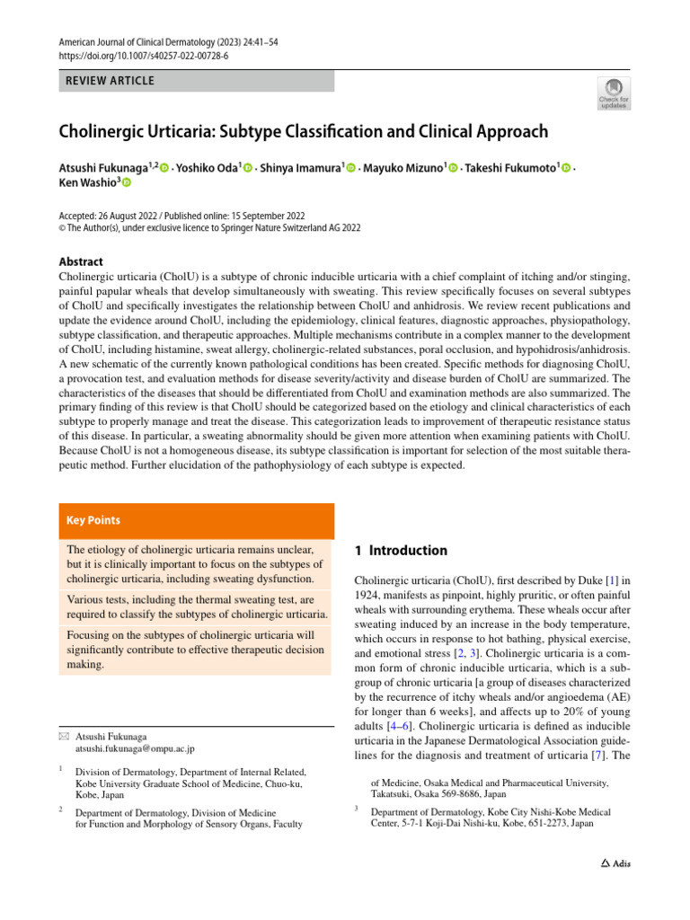 Cholinergic Urticaria Subtype Classification and Clinical Approach ...