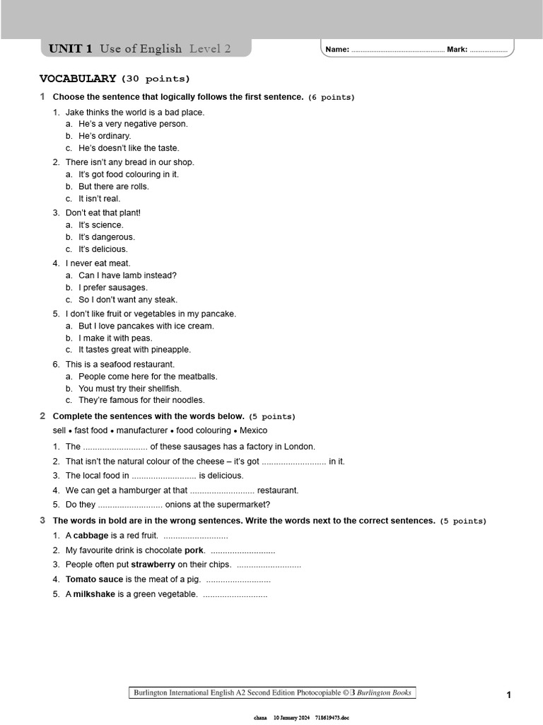 Grammar and Vocabulary A2 | PDF