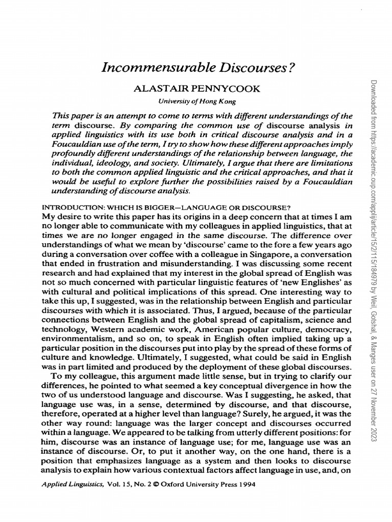 Pennycook (1994) Incommensurable Discourses | PDF | Linguistics | Discourse