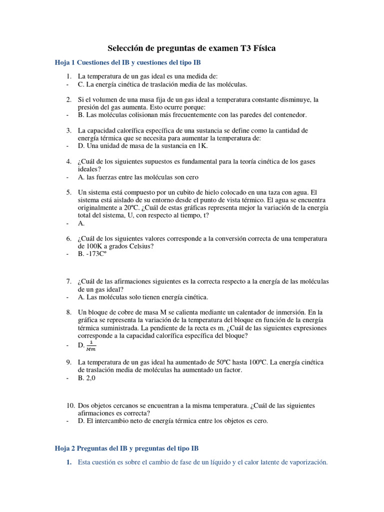 Selección de Preguntas de Examen T3 Física | PDF | Gases | Capacidad calorífica