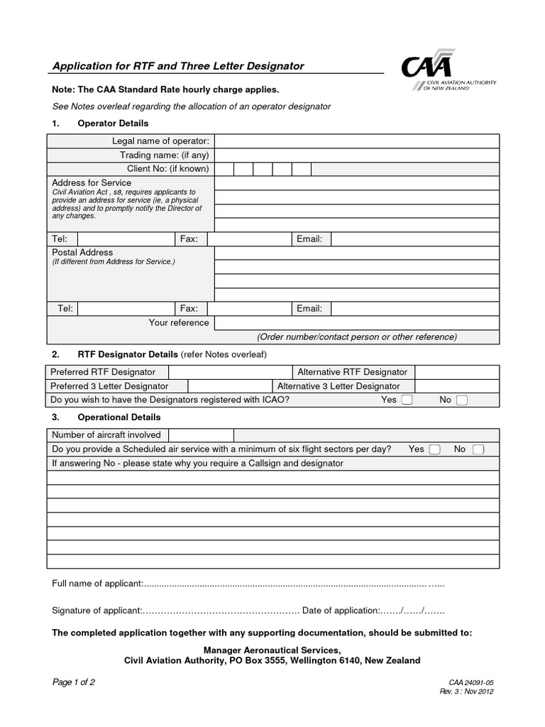 Application For RTF and Three Letter Designator: See Notes Overleaf ...