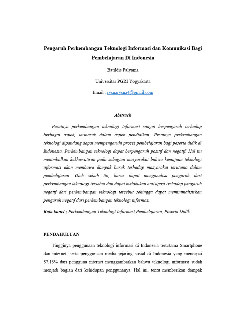Pengaruh Perkembangan Teknologi Informasi Dan Komunikasi Bagi Pembelajaran Di Indonesia | PDF