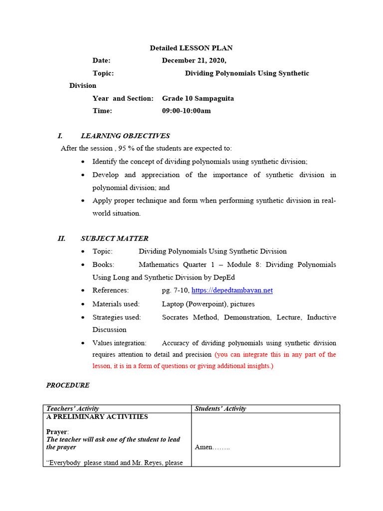 Lesson-Plan-detailed-for-TLE | PDF | Division (Mathematics) | Mathematics