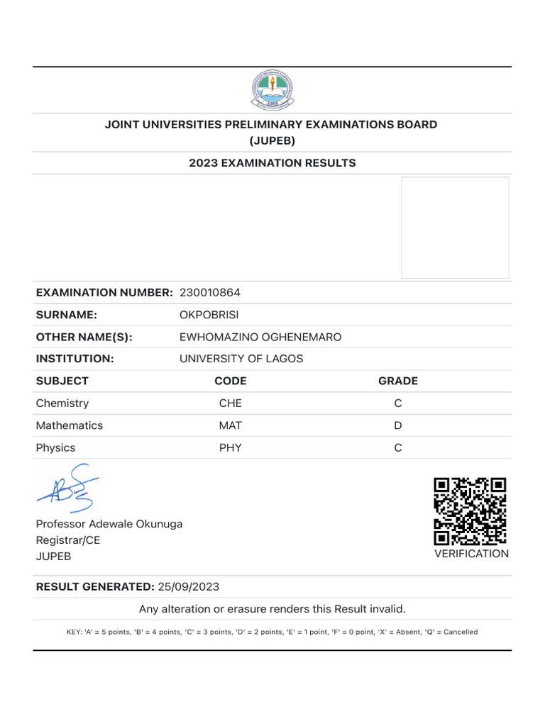 JUPEB - Results | PDF