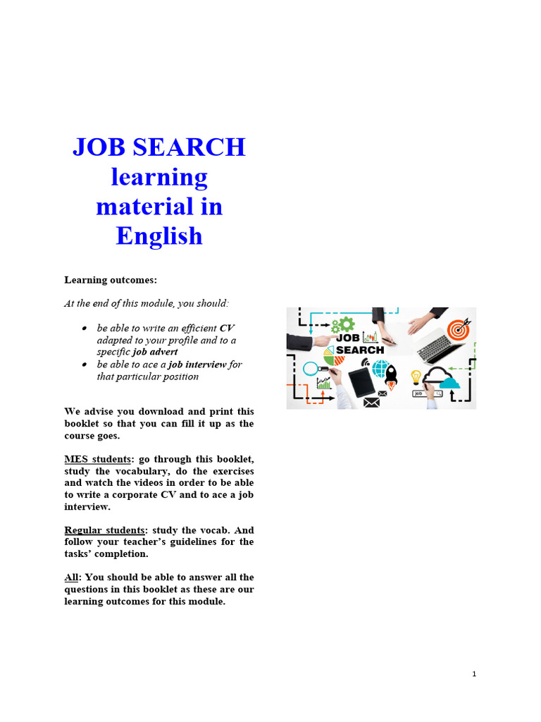 Job Search - English Booklet For All Students, Incl. MES | PDF