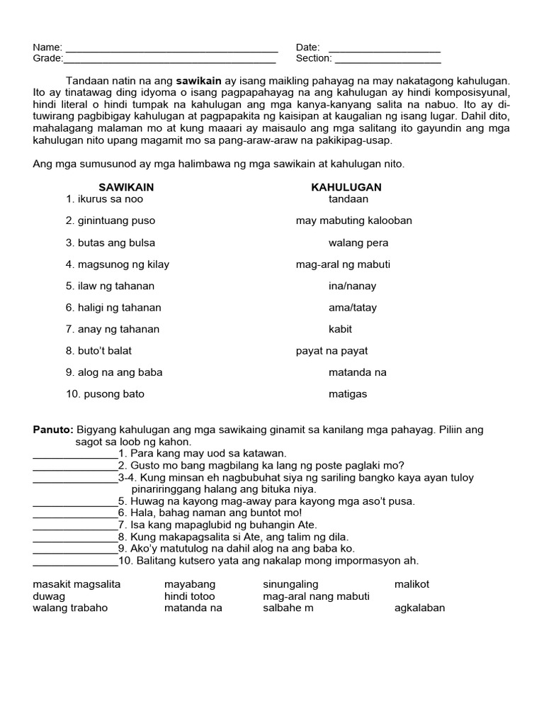 Grade 6 Q1 FILIPINO LAS Week 3 | PDF