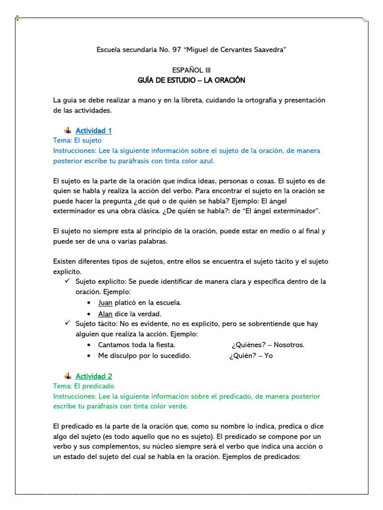 Guía de Estudio La Oración | PDF | Predicado (Gramática) | Asunto ...