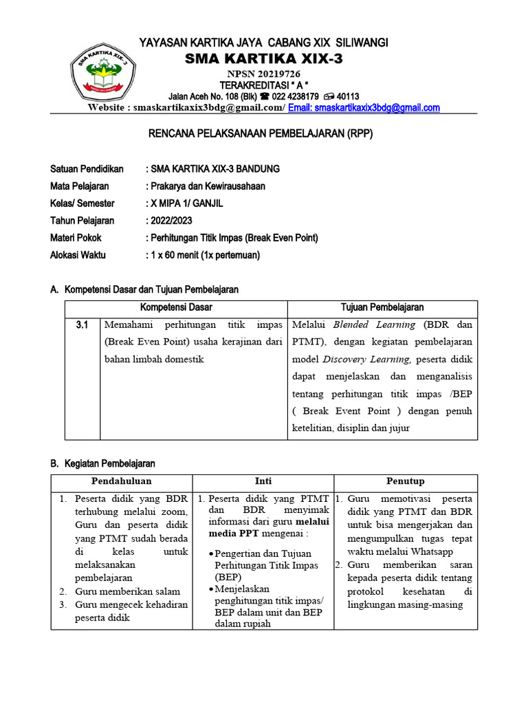 RPP Supervisi PKWU X MIPA 1 17nov | PDF