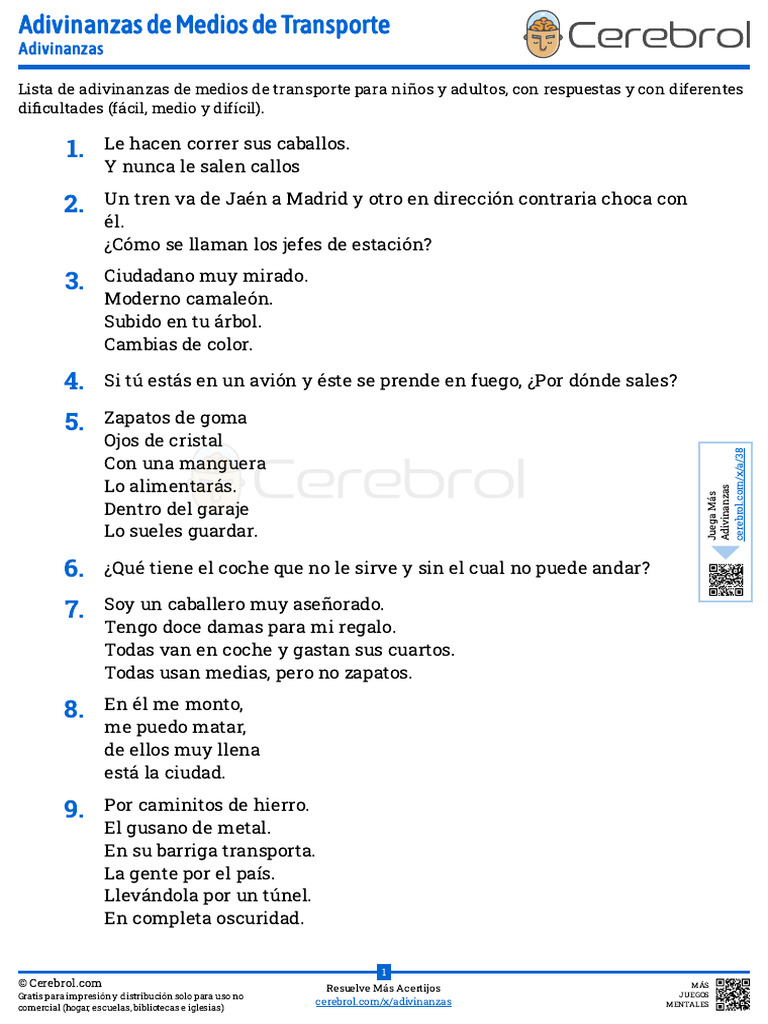 Adivinanzas de Medios de Transporte | PDF | Transporte
