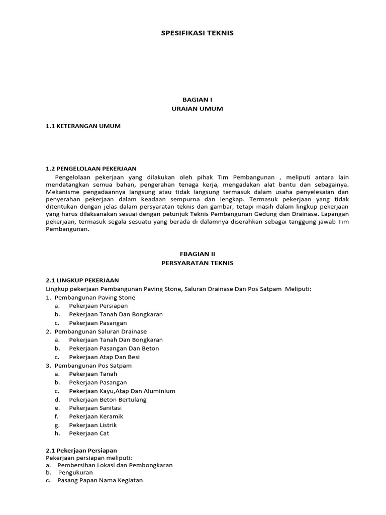 Contoh Spesifikasi Teknik Pekerjaan Fisik | PDF