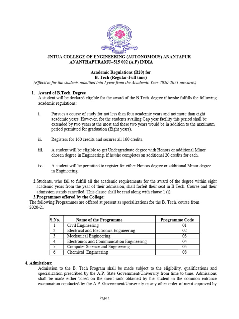R20 - B. Tech - Academic Regulations | PDF | Business | Technology & Engineering