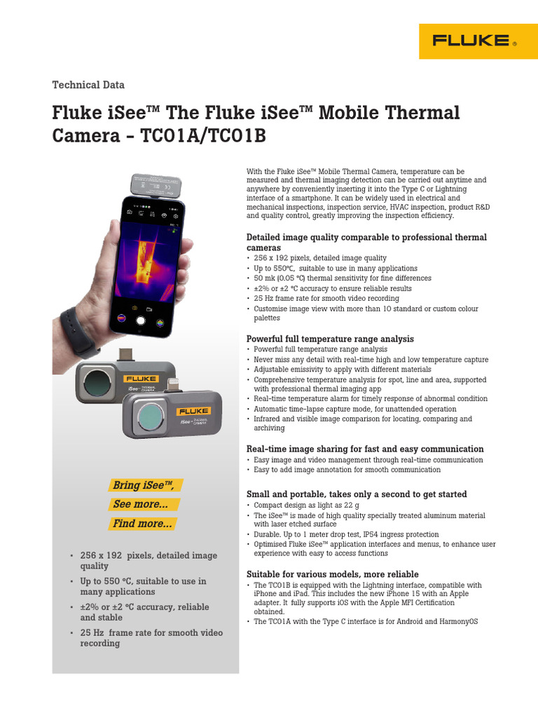 Fluke Isee™ Mobile Thermal Camera Datasheet TC01B - Colterlec | PDF | Thermography | Infrared