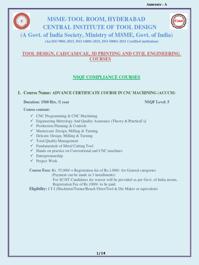 Admissions Are in Progress For Short Term Training Programmes of Tool ...